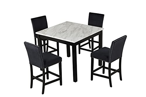 LCH 5-Piece Counter Height Set with One Faux Marble Dining Table and Four Upholstered-Seat Chairs for Kitchen and Living Room, Black