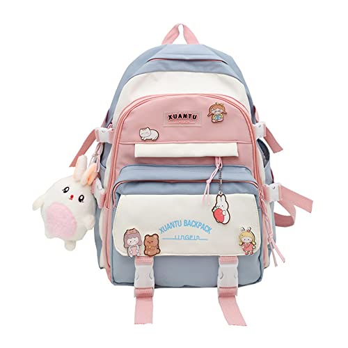 YJMKOI Kawaii Girl backpack with Cute Plush Doll Pendant Cute Elementary Schoolbag,Aesthetic Backpack for Teen Girls with Kawaii Pin (Blue)