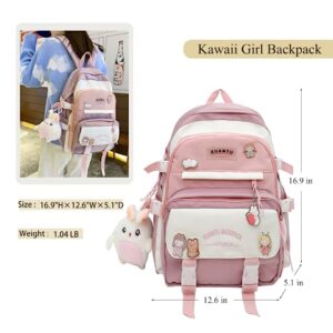 YJMKOI Kawaii Girl backpack with Cute Plush Doll Pendant Cute Elementary Schoolbag,Aesthetic Backpack for Teen Girls with Kawaii Pin (Blue)