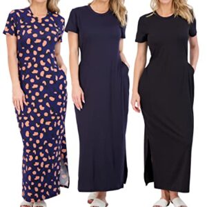 3 Pack: Womens Long Full Short Sleeve Dress Slit Summer Dresses t Shirt Women Spring Maxi Midi Pockets Outfits Casual Vestidos para Mujer Sundress Dresses Cute Flowy Beach Fashion Trendy - Set 9, L