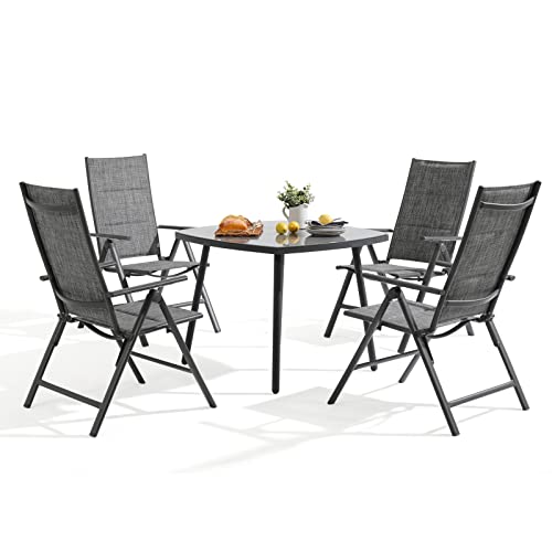 Soleil Jardin Outdoor Patio Dining Set for 4 with Aluminum Frame, 5 Piece Dining Table Set with 4 Adjustable Padded Folding Reclining Chairs & 1 Glass Top Table w/1.77” Umbrella Hole, Dark Gray