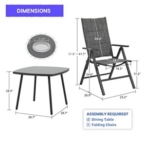 Soleil Jardin Outdoor Patio Dining Set for 4 with Aluminum Frame, 5 Piece Dining Table Set with 4 Adjustable Padded Folding Reclining Chairs & 1 Glass Top Table w/1.77” Umbrella Hole, Dark Gray