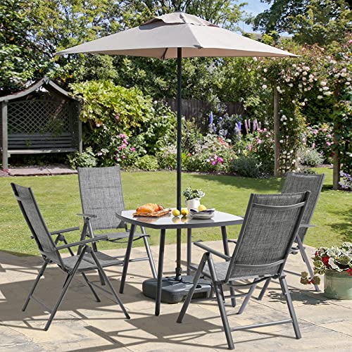 Soleil Jardin Outdoor Patio Dining Set for 4 with Aluminum Frame, 5 Piece Dining Table Set with 4 Adjustable Padded Folding Reclining Chairs & 1 Glass Top Table w/1.77” Umbrella Hole, Dark Gray