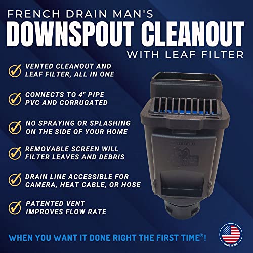 French Drain Man Leaf Filter and Downspout Cleanout, Gutter Guard, Gutter Downspout Extensions, Downspout Adapter, Downspout Diverter, Leaf Eater (Black, 3 x 4 Gutters)