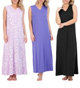 real essentials 3 pack: womens sleeveless tank v-neck adult nightgown long soft nightshirt women night gowns nightdress sleep lounge dress sleepwear pajama pjs bamboo ladies pj chemise - set 8, l