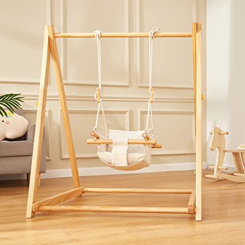 FUNLIO Wooden Toddler Swing Set with 4 Sandbags, Foldable Baby Swing Set with Durable Pine & Velcro, Portable Swing for Toddlers 6-36 Months, Kid Swing for Indoor/Outdoor/Backyard (Upgraded)