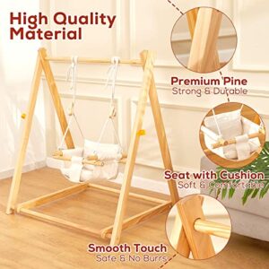 FUNLIO Wooden Toddler Swing Set with 4 Sandbags, Foldable Baby Swing Set with Durable Pine & Velcro, Portable Swing for Toddlers 6-36 Months, Kid Swing for Indoor/Outdoor/Backyard (Upgraded)