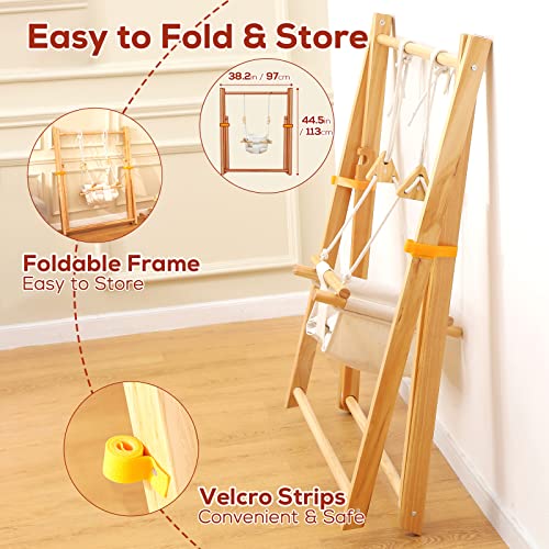 FUNLIO Wooden Toddler Swing Set with 4 Sandbags, Foldable Baby Swing Set with Durable Pine & Velcro, Portable Swing for Toddlers 6-36 Months, Kid Swing for Indoor/Outdoor/Backyard (Upgraded)