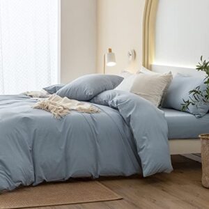 JIYUAN 100% Washed Cotton Duvet Cover Set Comfy Simple Style Soft Breathable Textured Durable Linen Feel Bedding for All Seasons Full/Double Size,Solid Light Blue