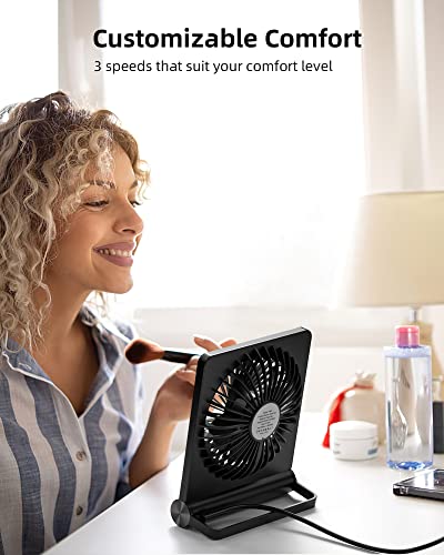 Koonie USB Fan, Strong Wind Ultra Quiet Small Desk Fan 220° Tilt Folding 3 Speeds Adjustable USB-C Powered Personal Fan for Home Office Desktop Black