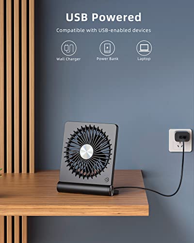 Koonie USB Fan, Strong Wind Ultra Quiet Small Desk Fan 220° Tilt Folding 3 Speeds Adjustable USB-C Powered Personal Fan for Home Office Desktop Black