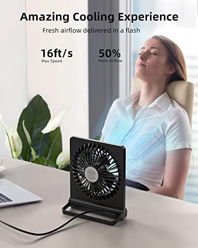 Koonie USB Fan, Strong Wind Ultra Quiet Small Desk Fan 220° Tilt Folding 3 Speeds Adjustable USB-C Powered Personal Fan for Home Office Desktop Black