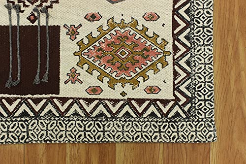 Casavani Beige, Black Tribal Cotton Hand Made Rug, Home Decorative Bohemian Kilim Rug Hand Woven Rag Rug Entryway for Living Room Laundry Room Dormat Bed Room Bathroom 4x10 Feet Runner