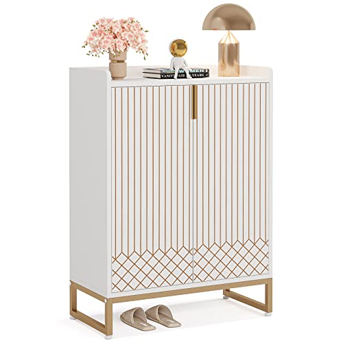 Tribesigns White Shoe Cabinet, 25 Pair Shoe Cabinets with Doors, 5-Tier Modern Shoe Rack Organizer Cabinet, Freestanding Wood Shoe Storage Cabinet with Gold Metal Frame for Bedroom Hallway Living Room