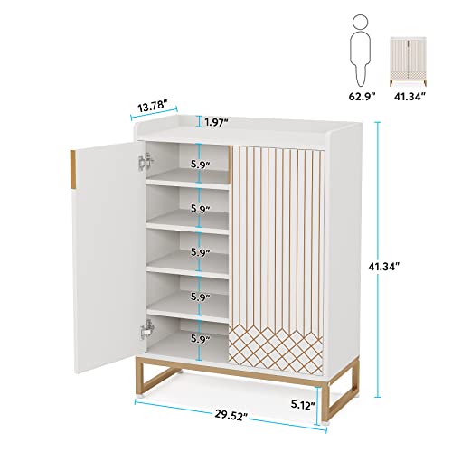 Tribesigns White Shoe Cabinet, 25 Pair Shoe Cabinets with Doors, 5-Tier Modern Shoe Rack Organizer Cabinet, Freestanding Wood Shoe Storage Cabinet with Gold Metal Frame for Bedroom Hallway Living Room