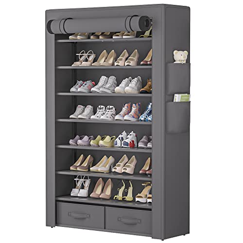 OYREL Shoe Rack, Shoe Storage Cabinet 32 Pairs Shoe Organizer Shelf Tall Zapateras for Shoes Large Free Standing Racks Vertical Black Holder Stand with Cover Two Boxes, 8Tier Long