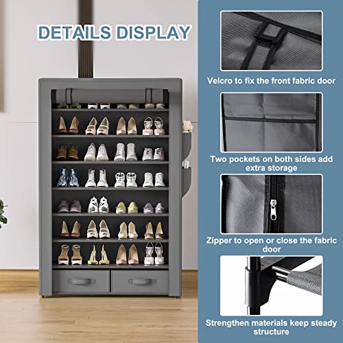 OYREL Shoe Rack, Shoe Storage Cabinet 32 Pairs Shoe Organizer Shelf Tall Zapateras for Shoes Large Free Standing Racks Vertical Black Holder Stand with Cover Two Boxes, 8Tier Long