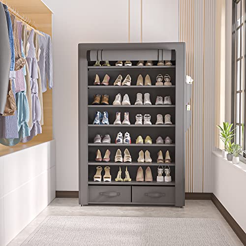 OYREL Shoe Rack, Shoe Storage Cabinet 32 Pairs Shoe Organizer Shelf Tall Zapateras for Shoes Large Free Standing Racks Vertical Black Holder Stand with Cover Two Boxes, 8Tier Long