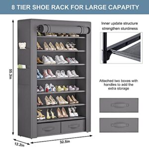 OYREL Shoe Rack, Shoe Storage Cabinet 32 Pairs Shoe Organizer Shelf Tall Zapateras for Shoes Large Free Standing Racks Vertical Black Holder Stand with Cover Two Boxes, 8Tier Long