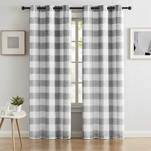 Short Gray White Buffalo Plaid Blackout Curtains with Liner Checkered Geometric Farmhouse Panels Linen Textured Grommet Thermal Insulated Window Treatment for Bedroom,Living Room,Kitchen,40"x63"x2