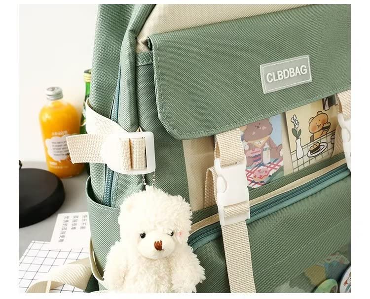 MOJIDUO Kawaii Backpack 4Pcs Set with cute plush Pendants & Badge,High capacity School Bag Cute Aesthetic Backpack