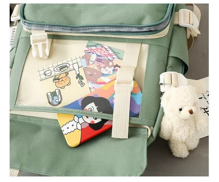 MOJIDUO Kawaii Backpack 4Pcs Set with cute plush Pendants & Badge,High capacity School Bag Cute Aesthetic Backpack