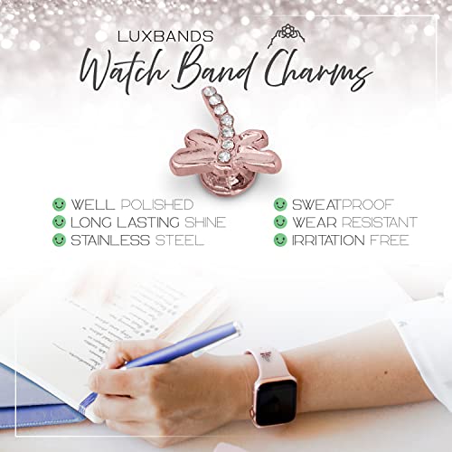 Lux Bands Watch Band Rose Gold Dragonfly Charms - Water Resistant Stainless Steel Sparkling Decorative Jewelry Charms (No Band) - Compatible With All Apple Watches, Fitbit Versa, Smart Watches – Pin-Based Watch Band Accessories