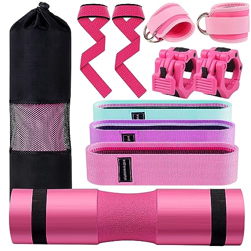 SINYWAY Barbell Pad Set, 11 Pcs Barbell Squat Pad for Hip Thrusts, Lunges, Leg day with 2 Gym Ankle Straps, 3 Hip Resistance Bands, 2 Lifting Strap, 2 Barbell Clip, Barbell Pad and Carry Bag