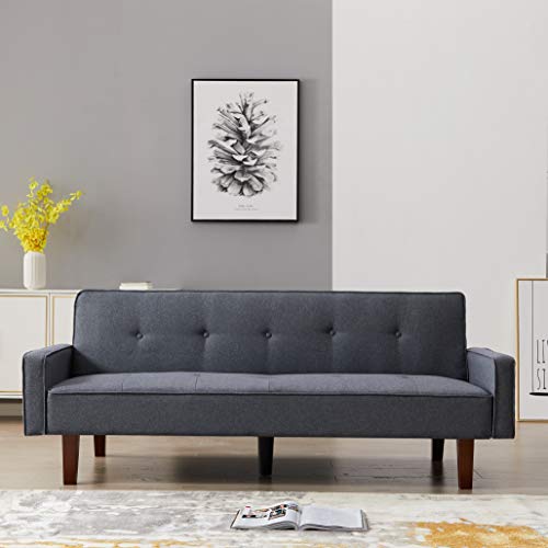 Eafurn Button Tufted Sofa Bed, Linen Fabric Adjustable Sleeper Modern Reversible Convertible Folding Lounge Couch Loveseat Daybed for Living Room with Solid Wood Legs, Dark Grey