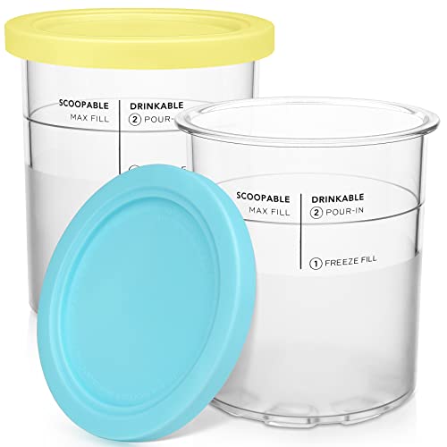 FIRJOY 24 oz. Containers | Extra Replacement Pints and Lids - Compatilbe with Ninja Creami NC501, NC500 Series/Deluxe 11-in-1 Ice Cream Maker (2 Pack - Blue, Yellow)