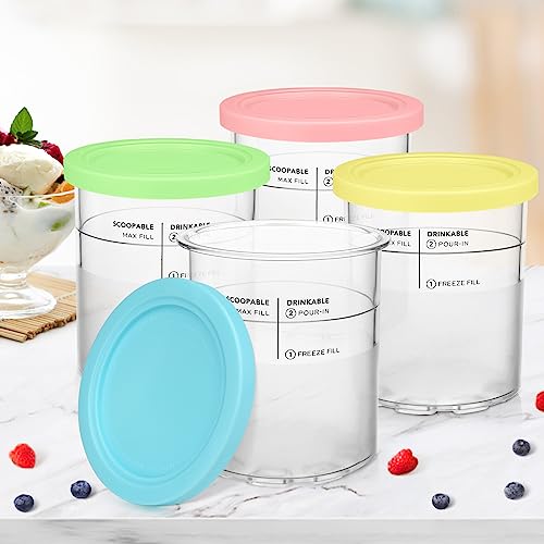 FIRJOY 24 oz. Containers | Extra Replacement Pints and Lids for Ninja Creami Deluxe - Compatible with NC501, NC500 Series (4 Pack - Blue, Pink, Green, Yellow)