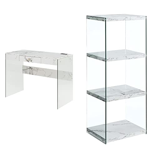 Convenience Concepts SoHo Glass Desk with Charging Station, 42", Faux White Marble & SoHo 4 Tier Tower Bookcase, White Faux Marble