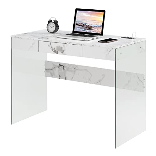 Convenience Concepts SoHo Glass Desk with Charging Station, 42", Faux White Marble & SoHo 4 Tier Tower Bookcase, White Faux Marble