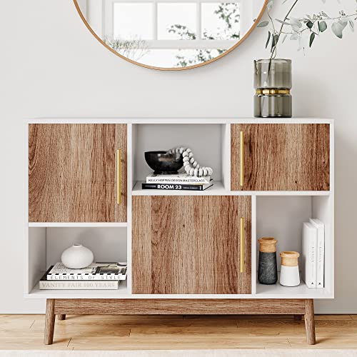 Nathan James Theo 6-Shelf Tall Bookcase, Wall Mount Bookshelf, Rustic Oak/White & Ellipse Multipurpose Storage Cabinet, Entryway Modern Buffet or Kitchen Sideboard with Glam Gold Brass Accent, White