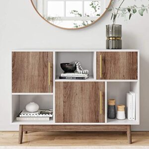 Nathan James Theo 6-Shelf Tall Bookcase, Wall Mount Bookshelf, Rustic Oak/White & Ellipse Multipurpose Storage Cabinet, Entryway Modern Buffet or Kitchen Sideboard with Glam Gold Brass Accent, White