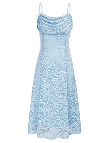 Women's Spaghetti Strap Cowl Neck Lace Dress Sleeveless Cocktail Wedding Guest Midi Dress M Blue