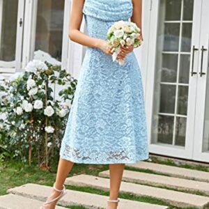 Women's Spaghetti Strap Cowl Neck Lace Dress Sleeveless Cocktail Wedding Guest Midi Dress M Blue