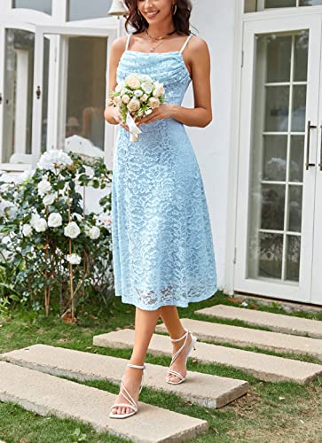 Women's Spaghetti Strap Cowl Neck Lace Dress Sleeveless Cocktail Wedding Guest Midi Dress M Blue