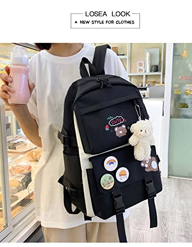 MOJIDUO 5Pcs Set Kawaii Backpack with cute plush Pendants & Badge,19 gallon capacity School Bag Cute Aesthetic Backpack