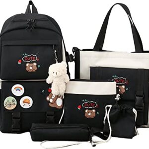 MOJIDUO 5Pcs Set Kawaii Backpack with cute plush Pendants & Badge,19 gallon capacity School Bag Cute Aesthetic Backpack