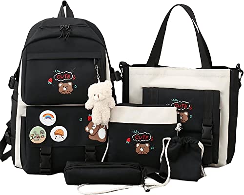 MOJIDUO 5Pcs Set Kawaii Backpack with cute plush Pendants & Badge,19 gallon capacity School Bag Cute Aesthetic Backpack