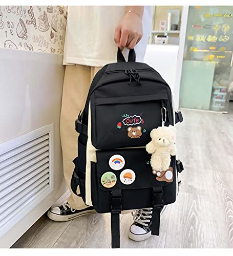 MOJIDUO 5Pcs Set Kawaii Backpack with cute plush Pendants & Badge,19 gallon capacity School Bag Cute Aesthetic Backpack