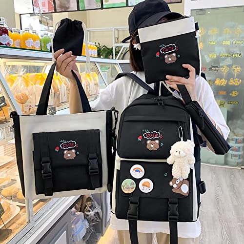 MOJIDUO 5Pcs Set Kawaii Backpack with cute plush Pendants & Badge,19 gallon capacity School Bag Cute Aesthetic Backpack