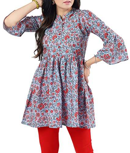 IshDeena Indian Kurti Tops for Women Indian Style Short Kurtis Kurta Boho Tunics Peasant Shirts Blouses Rayon & Cotton Silk (2X-Large/Blue Gray)