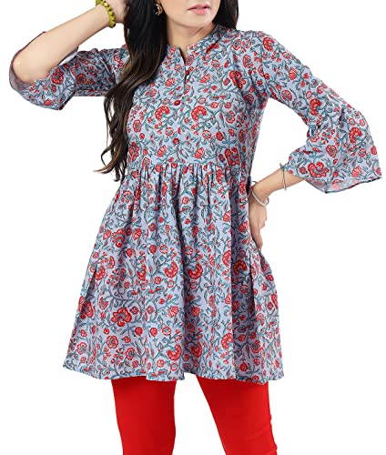 IshDeena Indian Kurti Tops for Women Indian Style Short Kurtis Kurta Boho Tunics Peasant Shirts Blouses Rayon & Cotton Silk (2X-Large/Blue Gray)