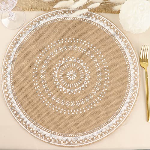 TABLECLOTHSFACTORY 4 Pack | Natural 15" Jute & White Braided Placemats, Rustic Round Woven Burlap Table Mats