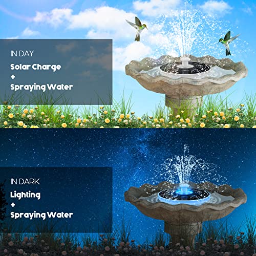 Solar Fountain Pump for Bird Bath Solar Water Fountains with Color LED Lights and Battery 6 Nozzles for Garden Birdbath Pond Pool Fish Tank Outdoor (1 Pack)