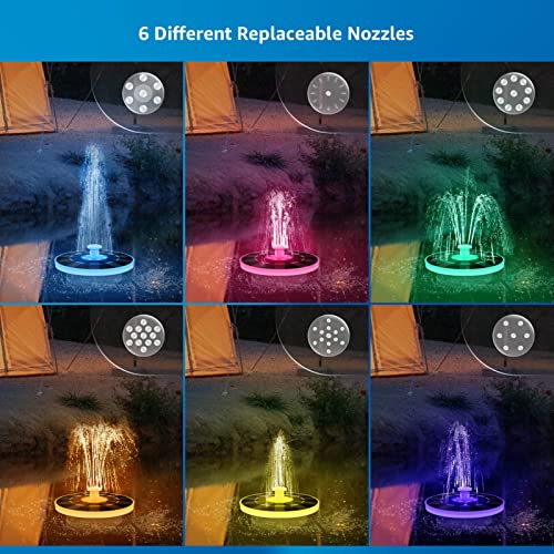 Solar Fountain Pump for Bird Bath Solar Water Fountains with Color LED Lights and Battery 6 Nozzles for Garden Birdbath Pond Pool Fish Tank Outdoor (1 Pack)