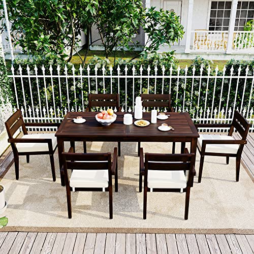 KELRIA Outdoor Dining Table 7-Piece Acacia Wood Tabletop and 6 Comfy Cushion Chairs Conversation Sets Suitable for Patio, Balcony, Courtyard, Poolside, Or Backyard, Dark Brown, Espresso