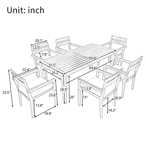 KELRIA Outdoor Dining Table 7-Piece Acacia Wood Tabletop and 6 Comfy Cushion Chairs Conversation Sets Suitable for Patio, Balcony, Courtyard, Poolside, Or Backyard, Dark Brown, Espresso